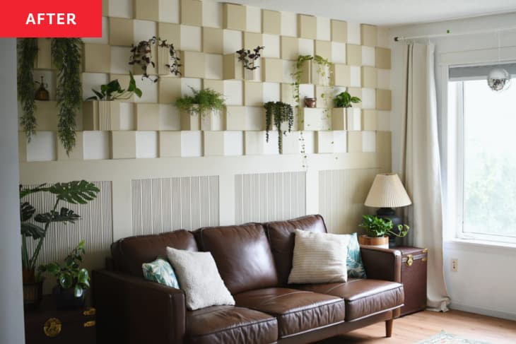 A DIY Living Room Accent Wall Combines Checkerboard Plants Apartment Therapy